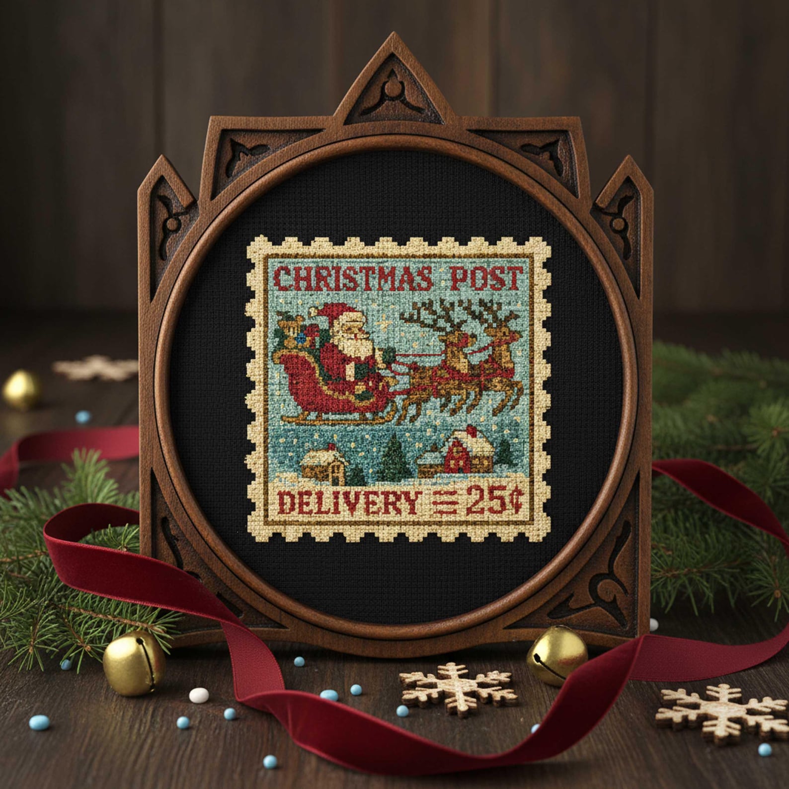 Santa Sleigh Christmas Stamp Cross Stitch Pattern – Retro Holiday ...