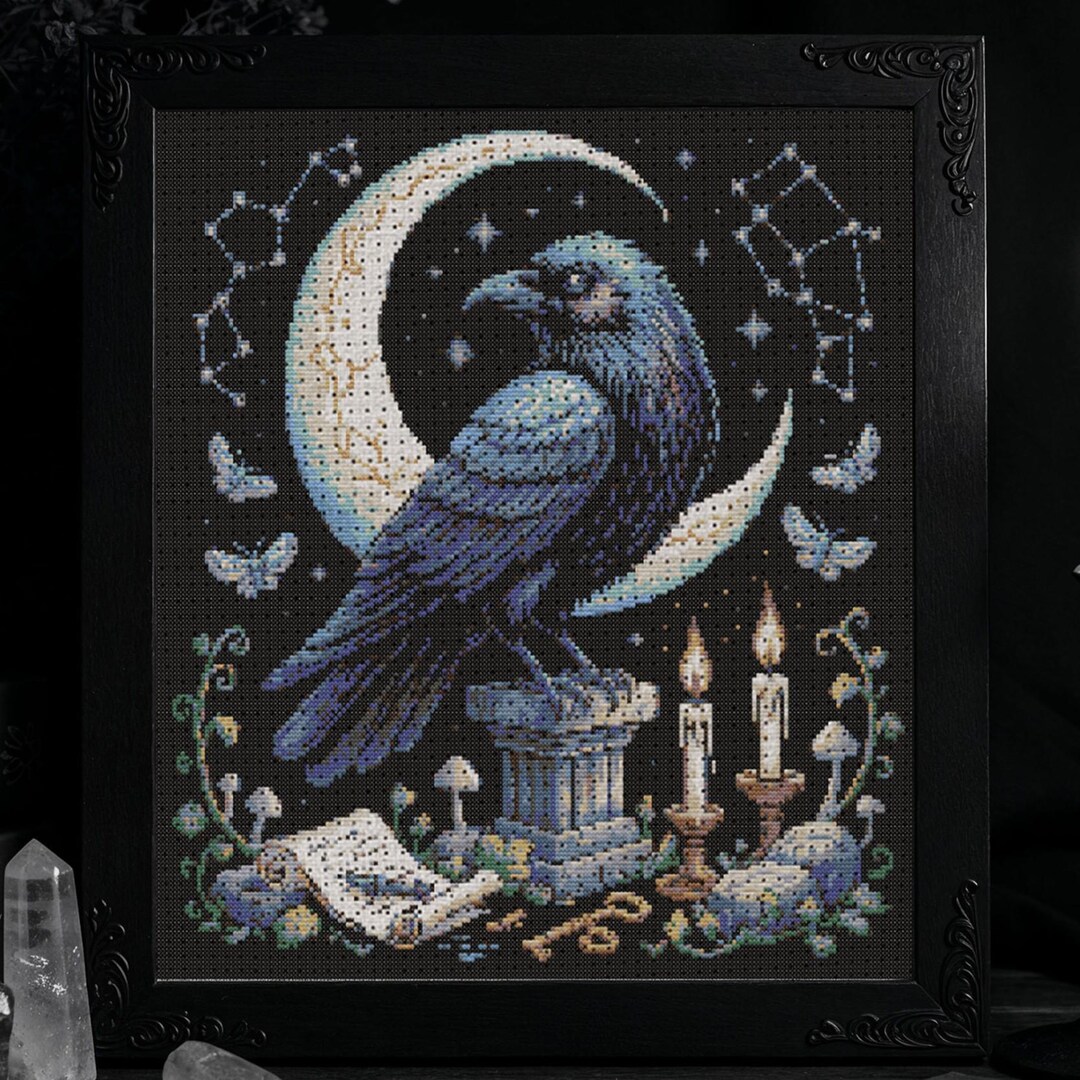Witchy Raven Cross Stitch Pattern Halloween Gothic Moon Raven ...