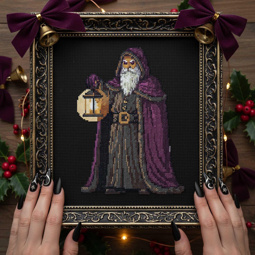 Old Wizard Cross Stitch Pattern: Fantasy Lantern Keeper With Cloak (PDF ...