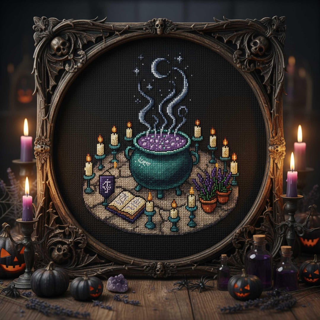 Moon Cauldron Cross Stitch Pattern: Witch Potion Embroidery (PDF) - Etsy