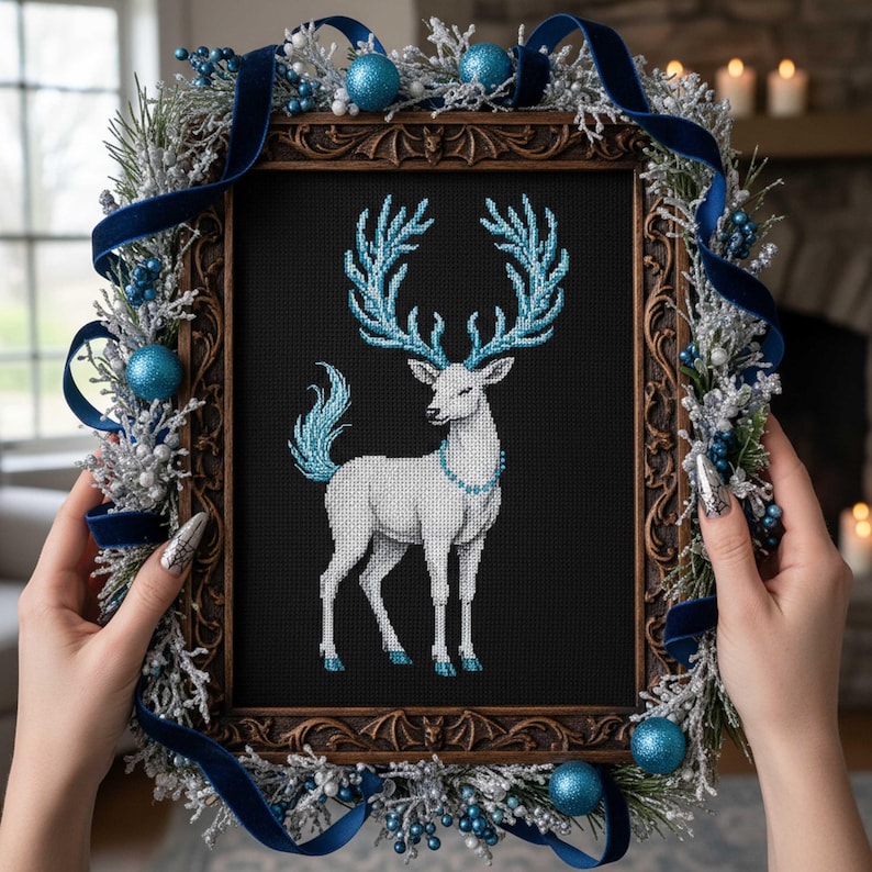 Fantasy Reindeer Cross Stitch Pattern: White Stag and Frosted Antlers ...