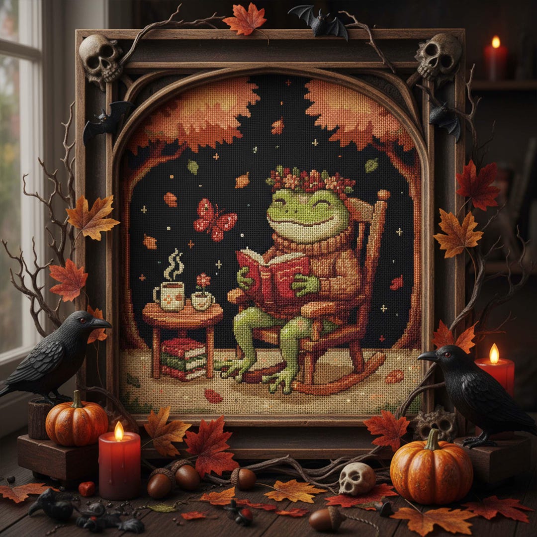 Autumn Frog Reading Cross Stitch Pattern: Cozy Cottagecore Halloween ...
