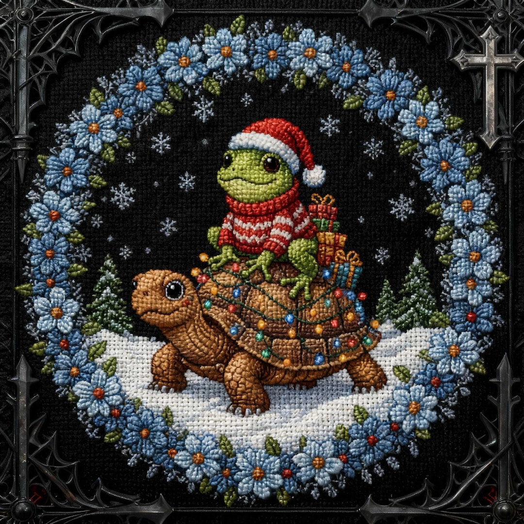 Christmas Turtle & Tortoise Cross Stitch Pattern: Winter Wreath Snow ...