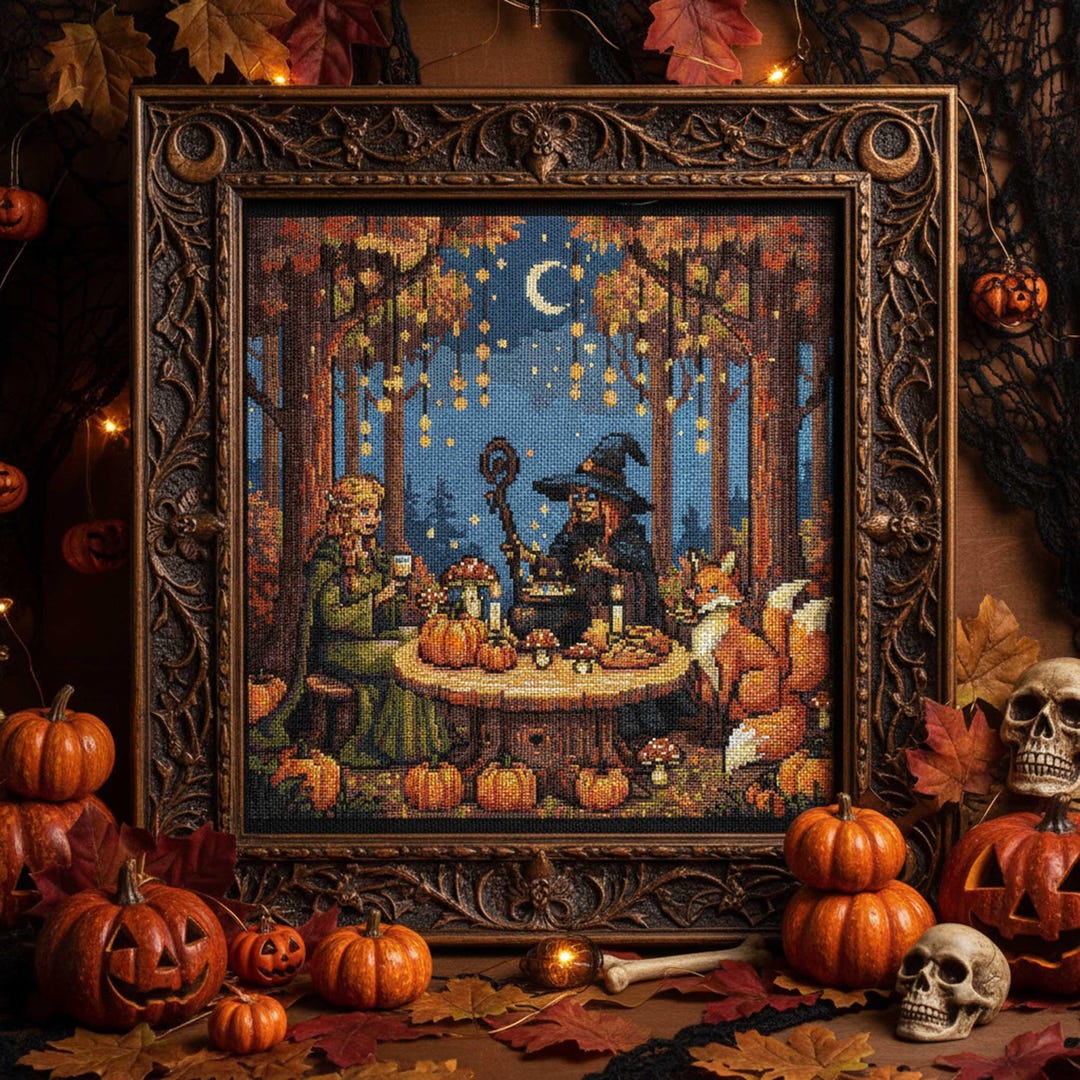 Autumn Witches Feast Cross Stitch Pattern: Pumpkin Forest Embroidery ...