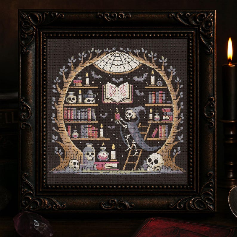 Gothic Skeleton Library Cross Stitch Pattern Spooky Librarian Books ...