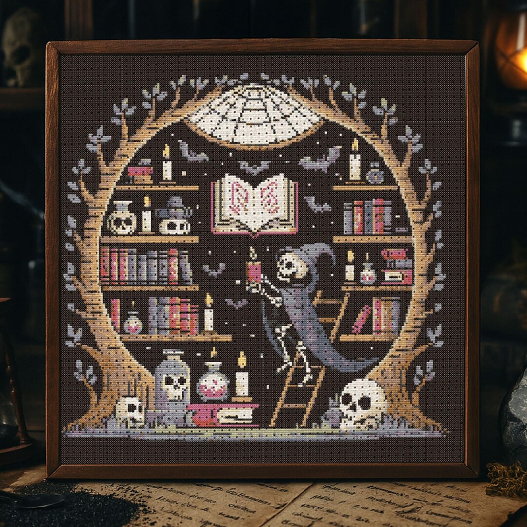 Gothic Skeleton Library Cross Stitch Pattern Spooky Librarian Books ...