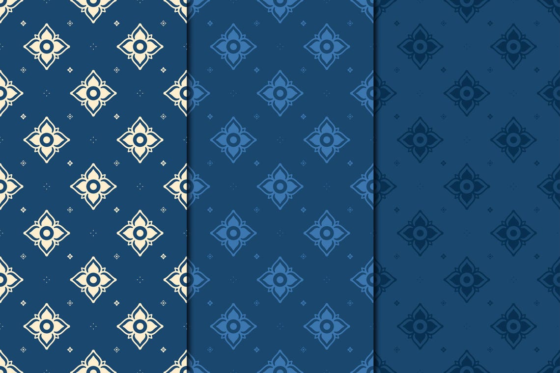 Traditional Thai Pattern, Prajam Yam Set 4, Seamless Thai Indigo ...