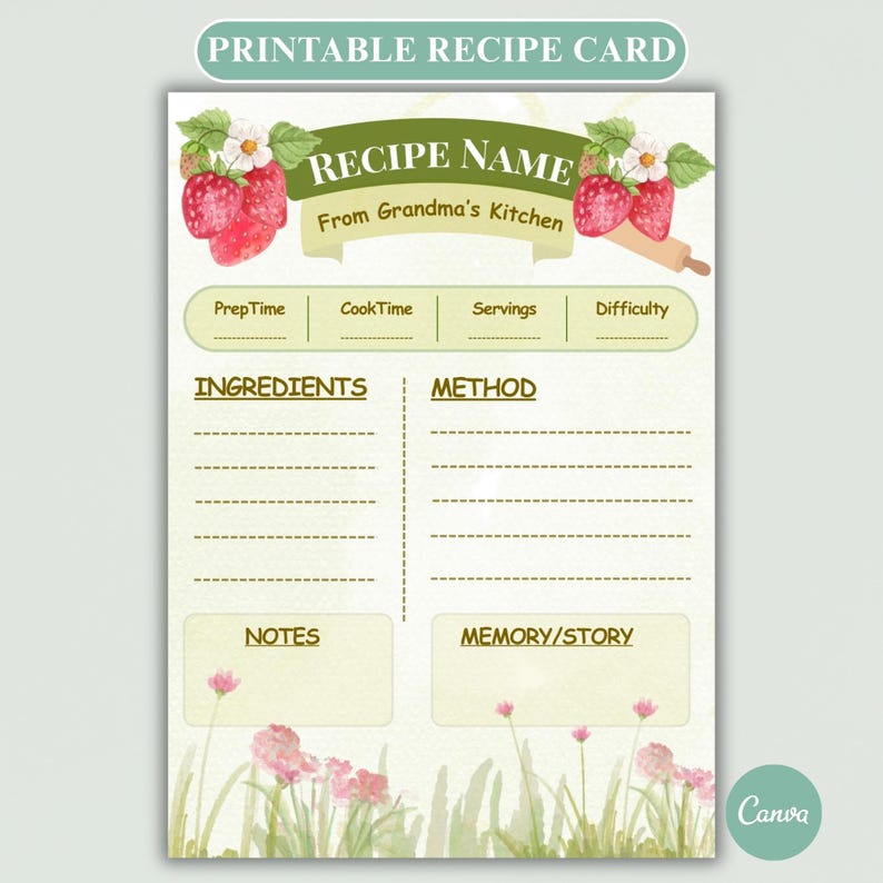 Printable Cottage Aesthetic Recipe Card, Soft Pastel Family Recipe ...