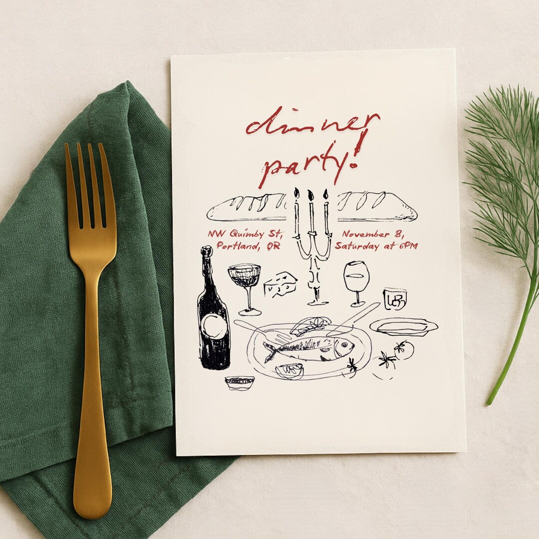 Whimsical Dinner Party Invitation Canva Template: Hand-drawn Black ...