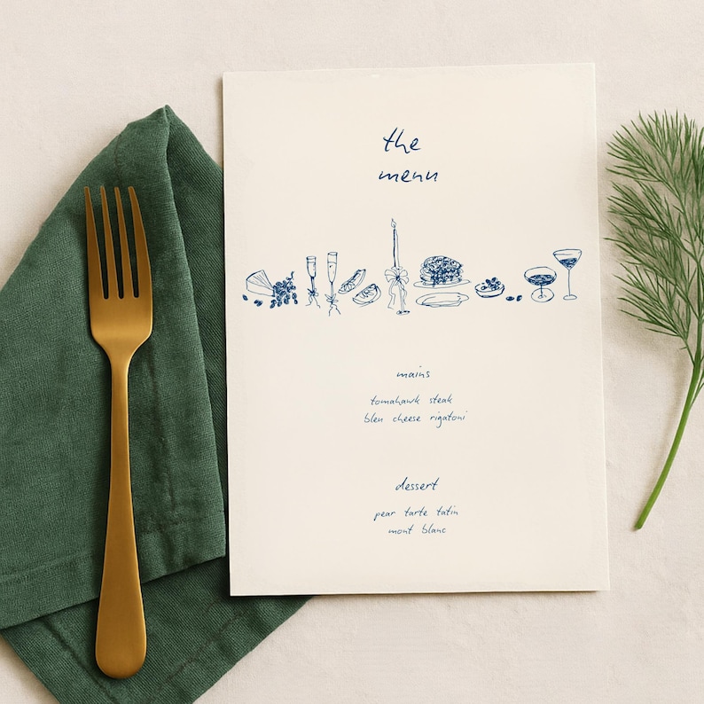 Blue Wedding Menu, Whimsical Wedding Menu Template, Hand Drawn Dinner ...