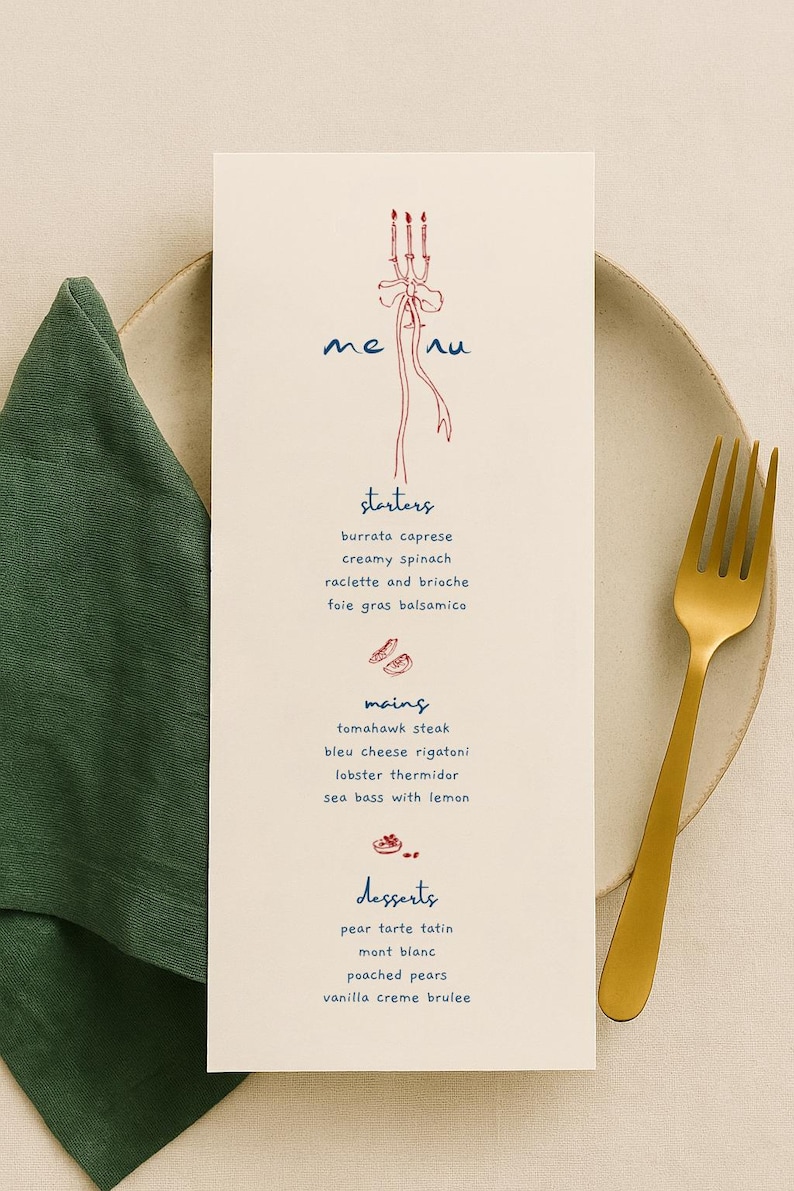 Whimsical Wedding Menu Template Set, Hand Illustrated Menu, Romantic ...