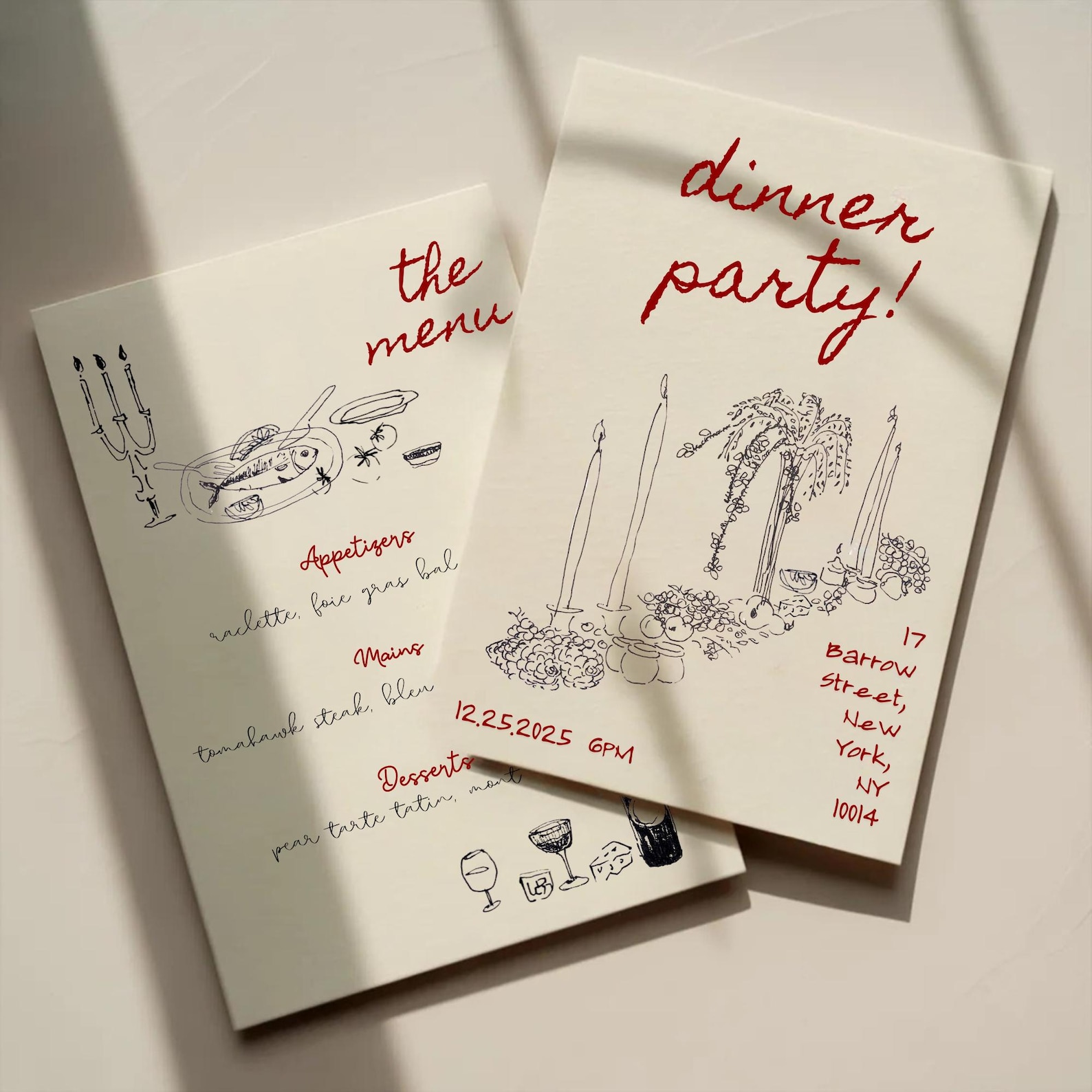 Whimsical Dinner Party Invitation + Menu Set Canva Template: Hand-drawn ...
