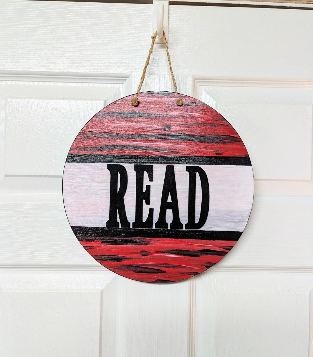 Rustic Distressed Red, Black, and White Wood Round "read" Sign, Library ...