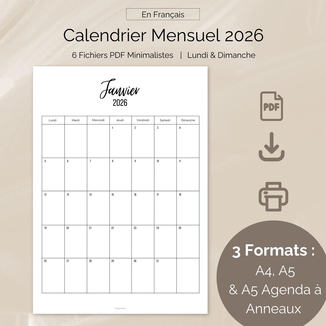 2026 Printable PDF Agenda, French Monthly Calendar A4/A5, Minimalist ...