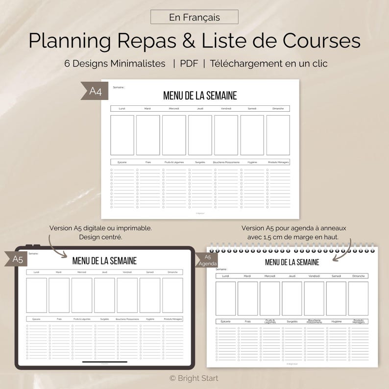 Planning Repas à Imprimer (A4 A5 ), Lot Menu Semaine Et Liste De Courses, Organisation Maman En ...