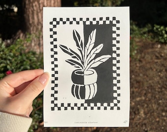 Botanical Linocut Print - Potted Plant 5x7 Wall Art, Handmade Plant ...