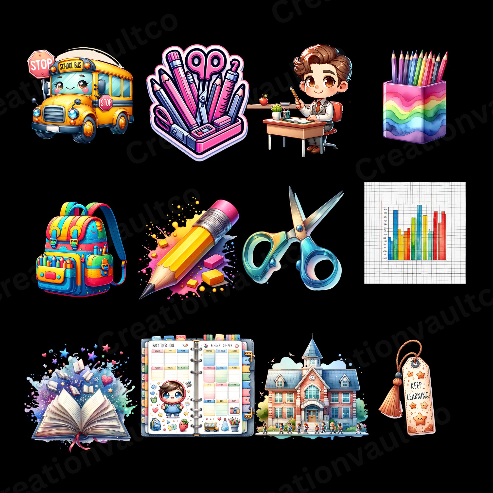 School Supplies Clipart Set: 54 Colorful Stationery Pngs (digital ...