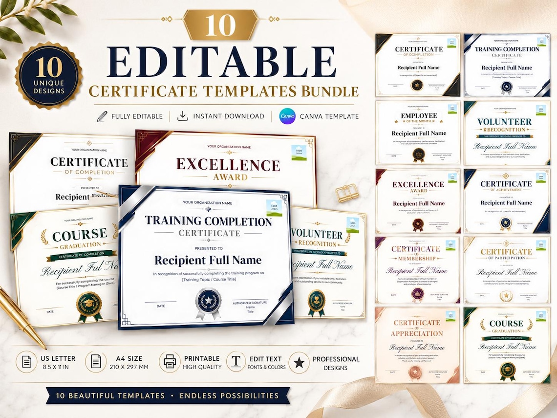 10 Editable Certificate Templates Bundle – Canva Printable Awards ...
