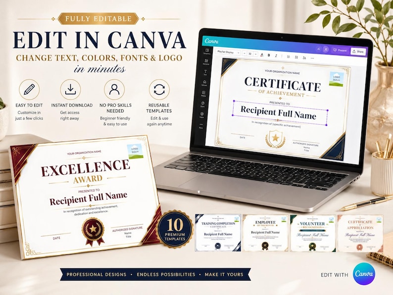 10 Editable Certificate Templates Bundle – Canva Printable Awards ...