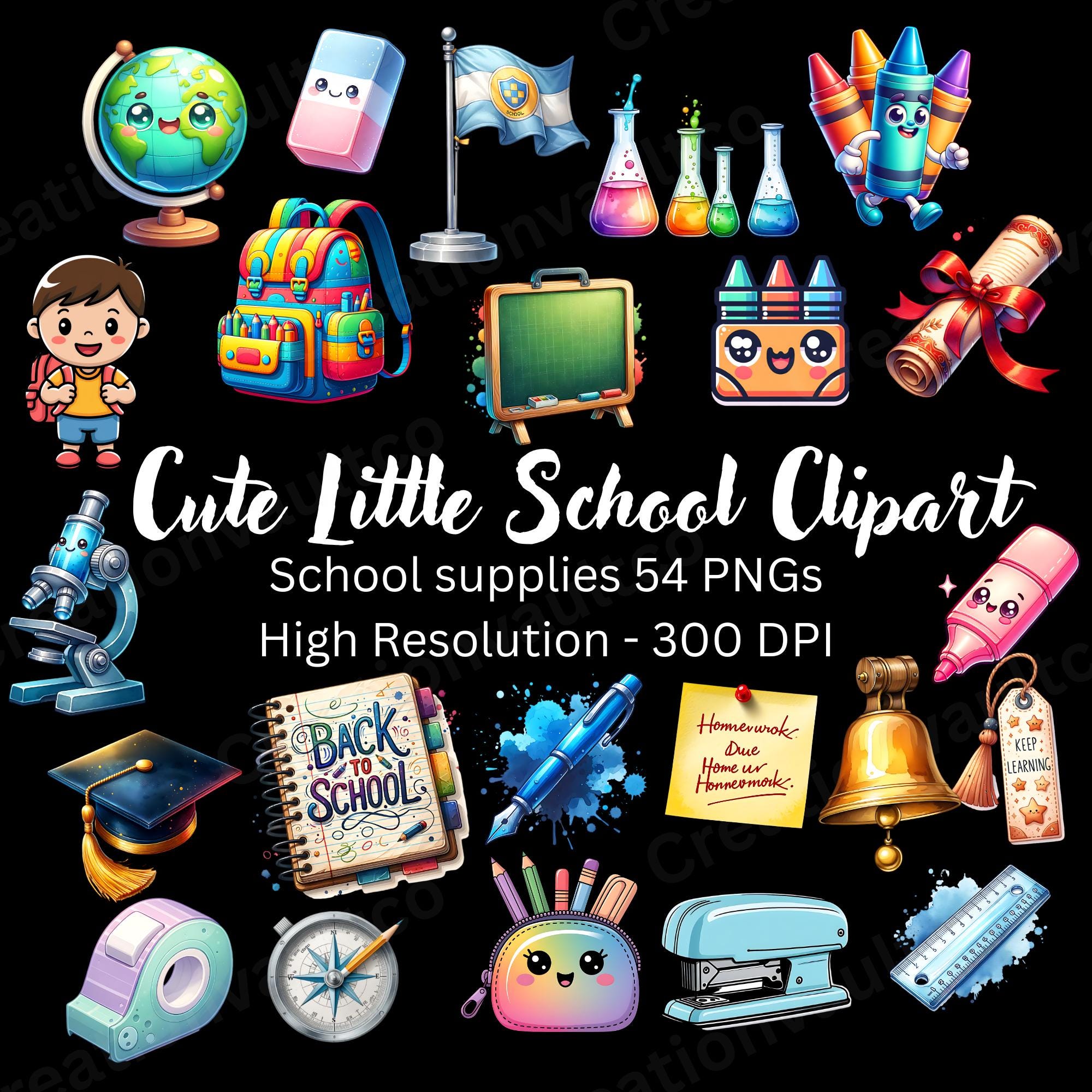 School Supplies Clipart Set: 54 Colorful Stationery Pngs (digital ...