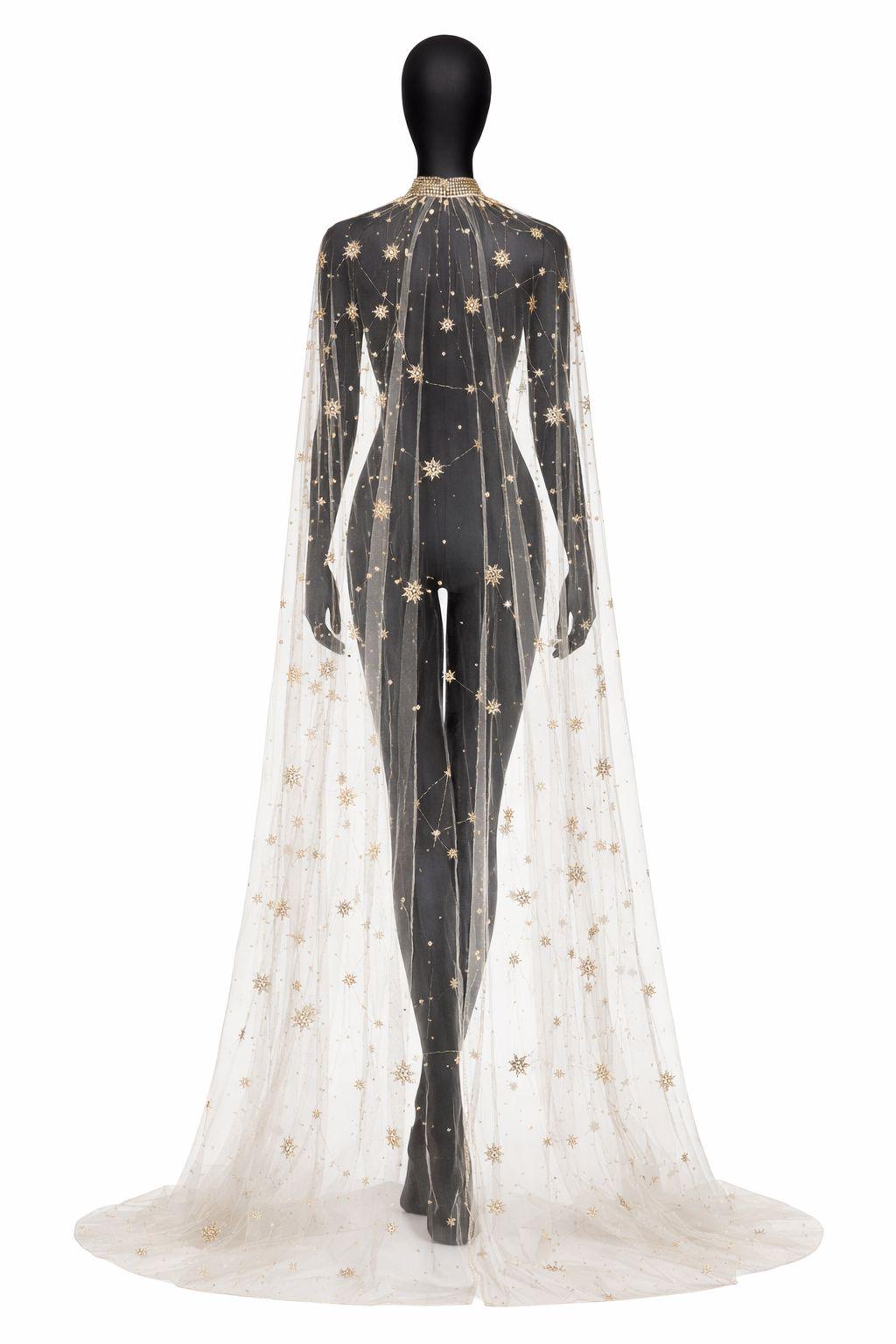 Celestial Star Embroidered Sheer Cape | Gold Beaded Neckline Bridal ...