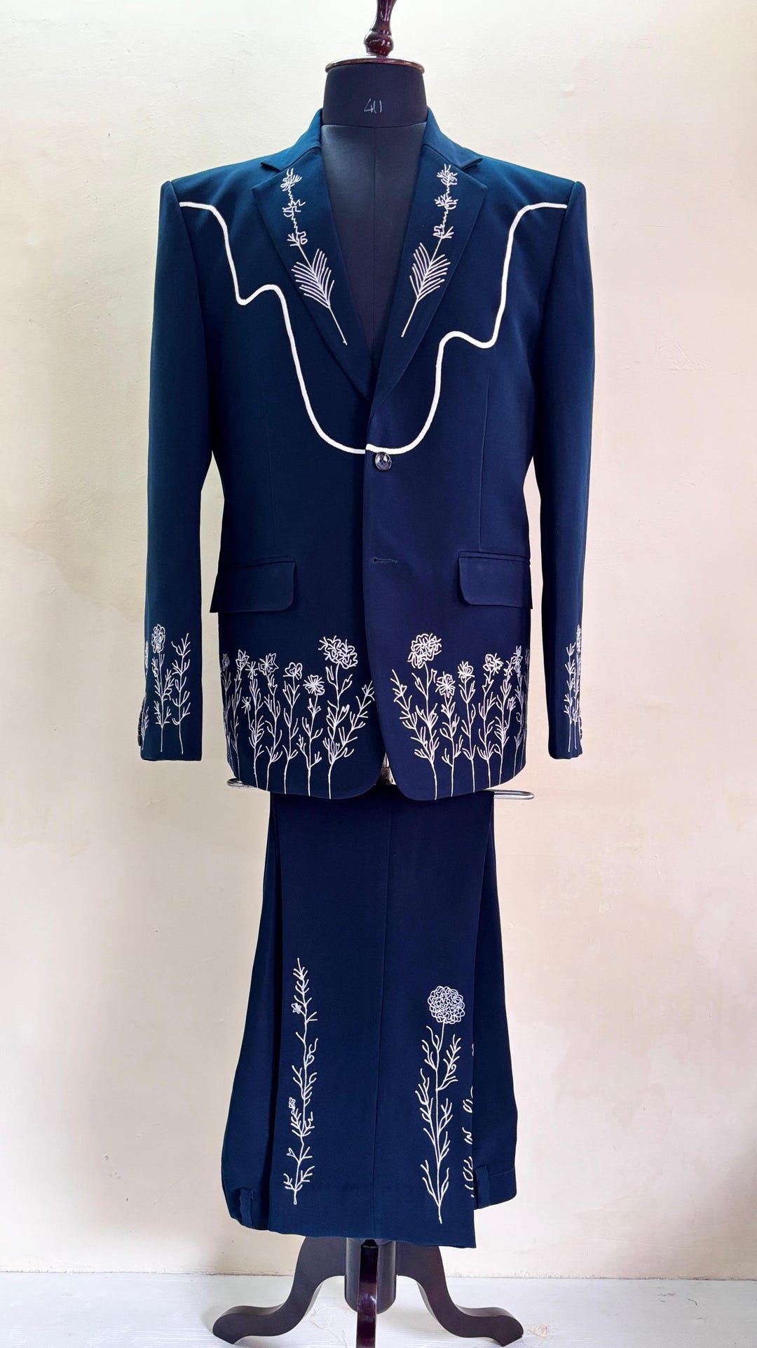 Mens Navy Blue Embroidered Floral Western Suit Vintage Cowboy Style 2 ...