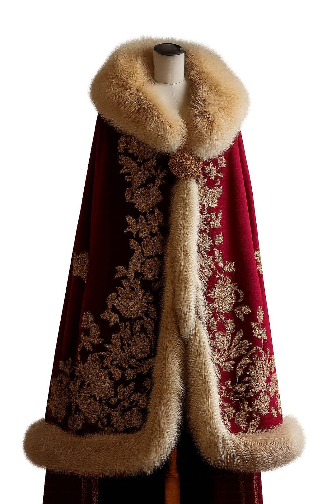 Customized Royal Red Velvet Cape Gold Embroidery Faux Fur Trim Handmade ...