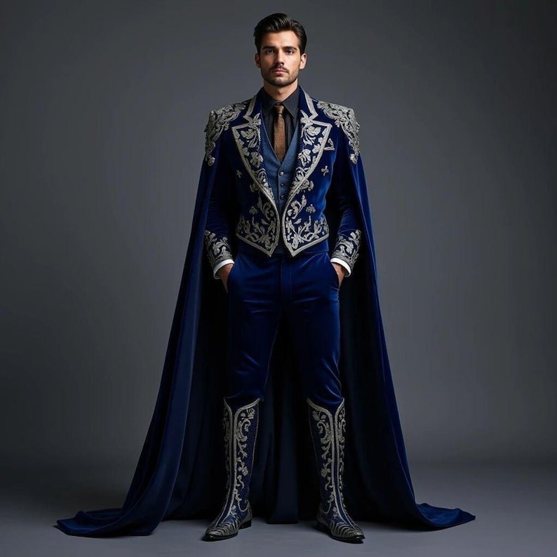 Custom Royal Blue Velvet Embroidered Men Cape Suit Regal Groom Outfit ...