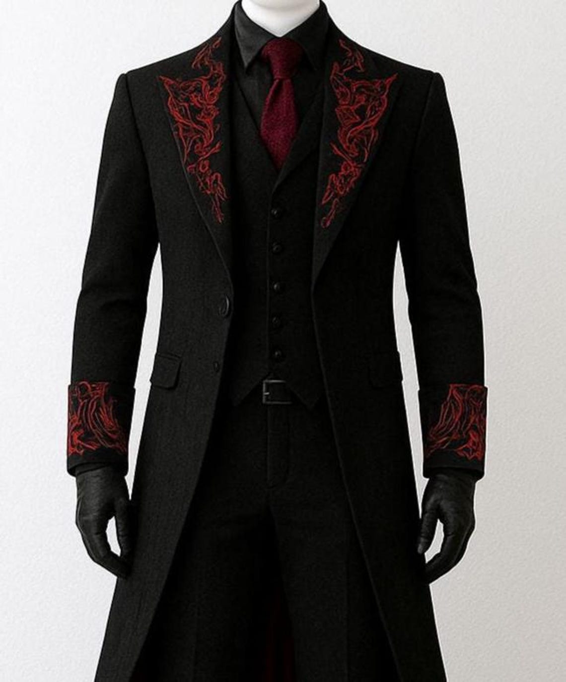 Customized Gothic Vampire Long Tailcoat Suit Black Red Embroidered ...