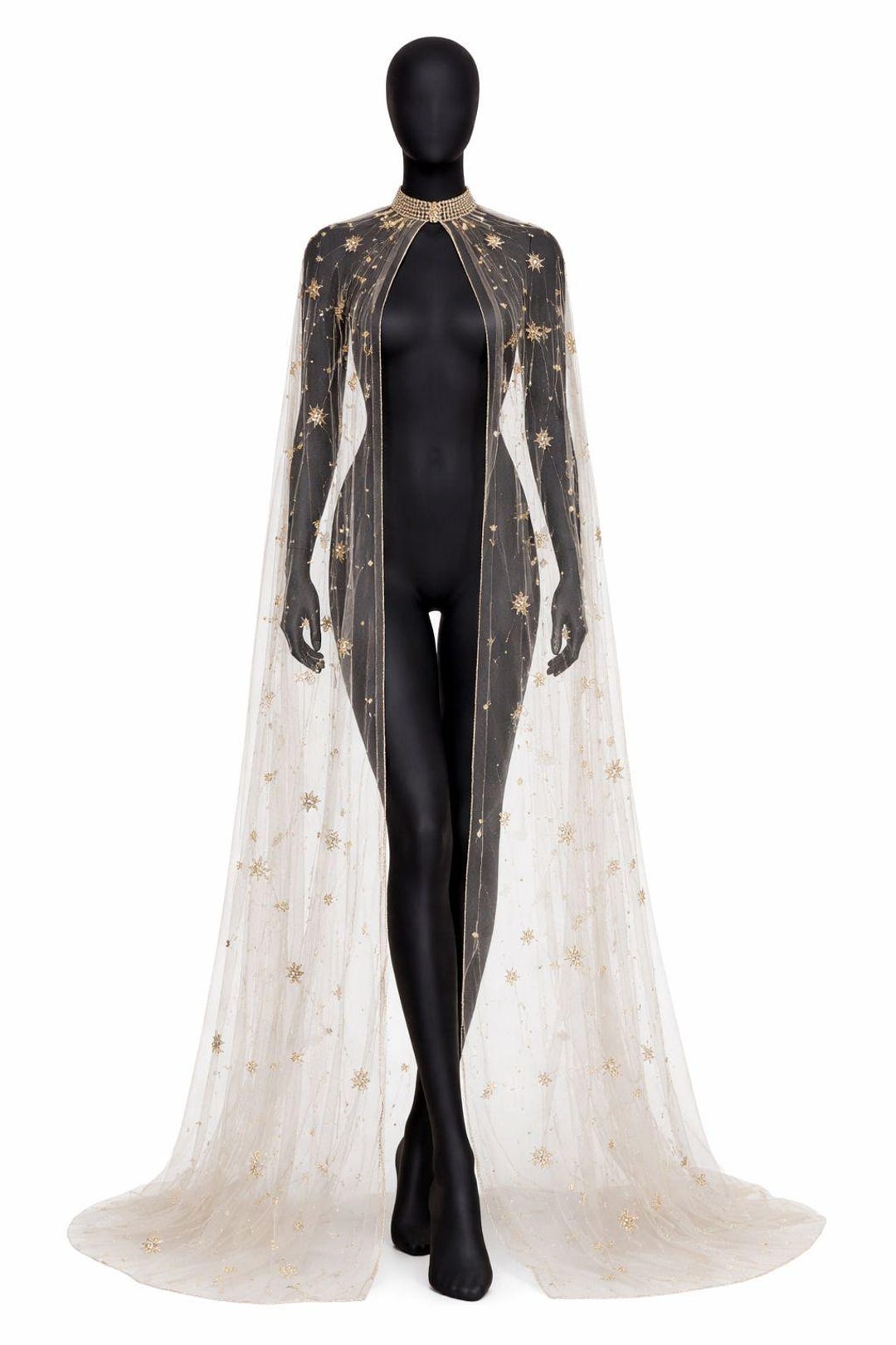 Celestial Star Embroidered Sheer Cape | Gold Beaded Neckline Bridal ...