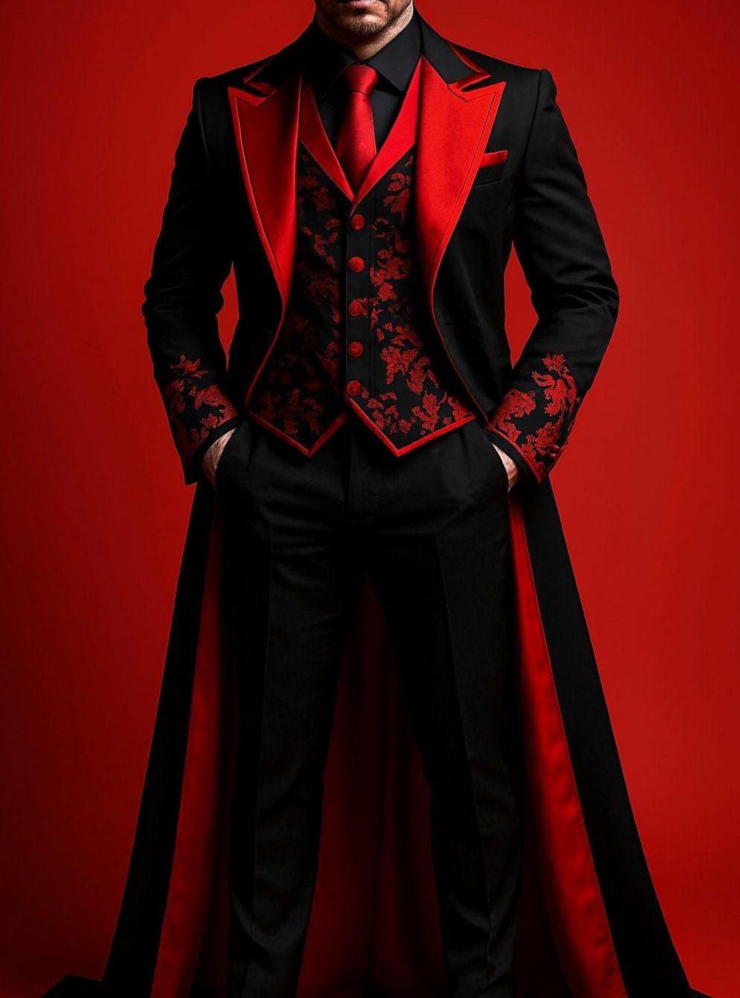 Customized Men’s 3pc Black Red Gothic Tailcoat Suit Victorian Steampunk ...