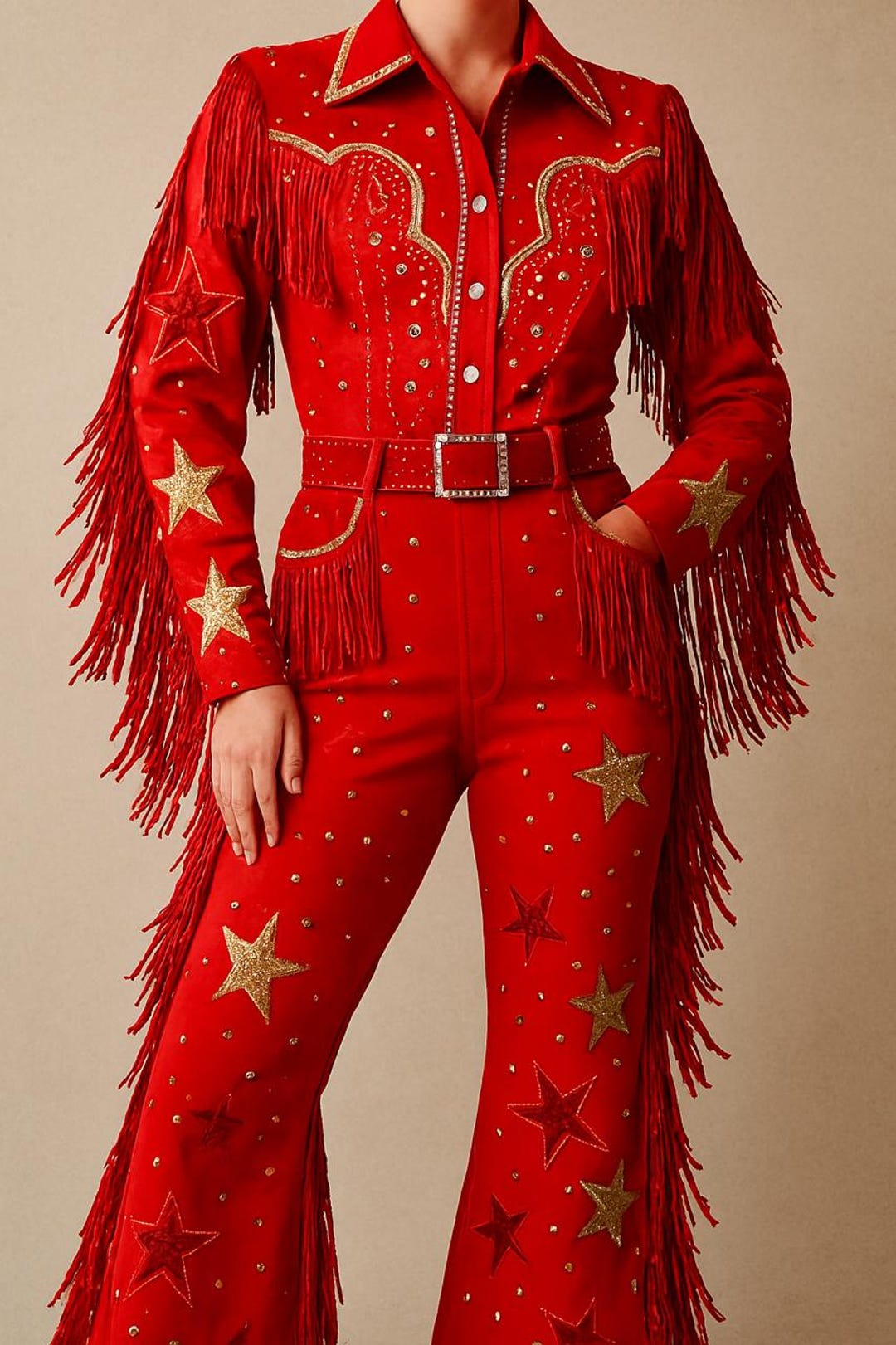 Custom Vintage Red Western Fringe Jumpsuit Rodeo Red Fringe Star ...