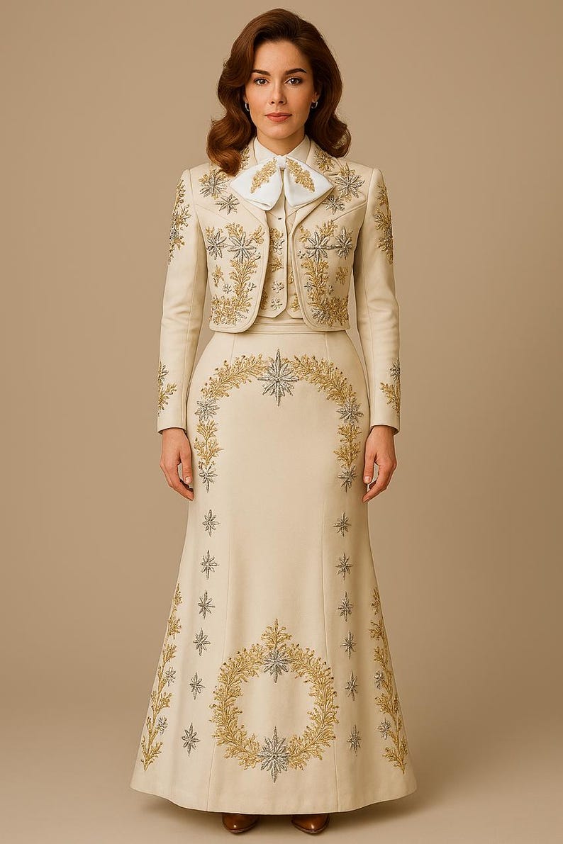 Custom Women Embroidered Charro Suit Handmade Ivory Gold Mariachi Set ...