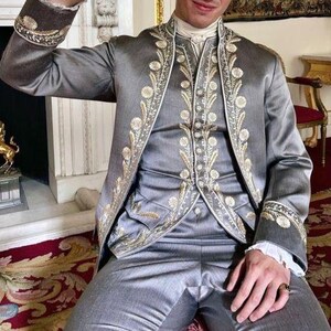 Men’s Regal Prince Costume Silver Embroidered 18th Century Suit ...