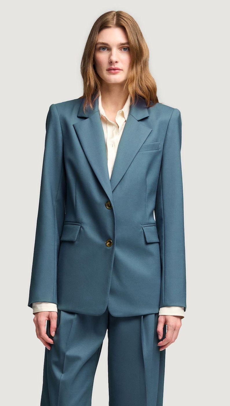 Customized Vintage-inspired Teal Women’s Suit Tailored Blazer Wide-leg ...