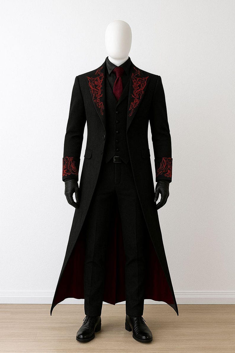 Customized Gothic Vampire Long Tailcoat Suit Black Red Embroidered ...