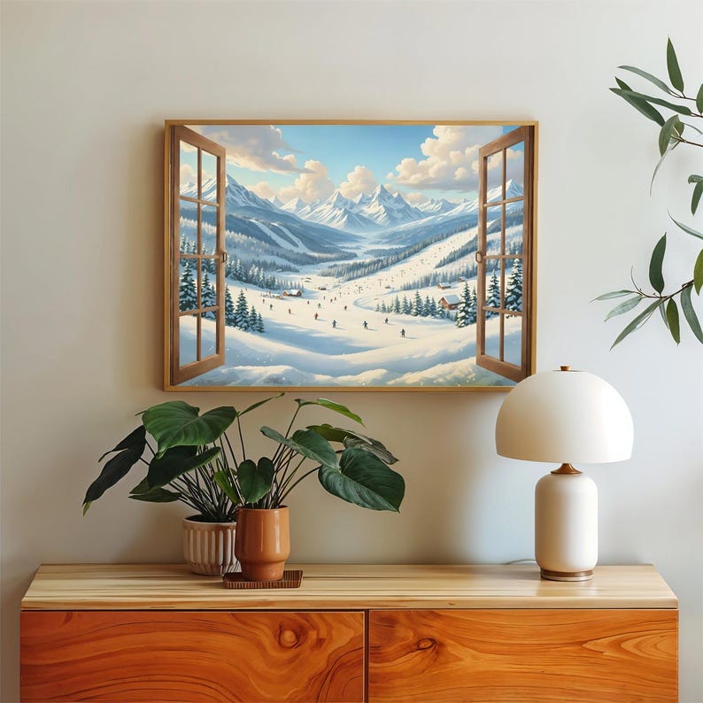 Open Window to Winter Mountains Poster – Travel Scenic Skiing View Wall ...