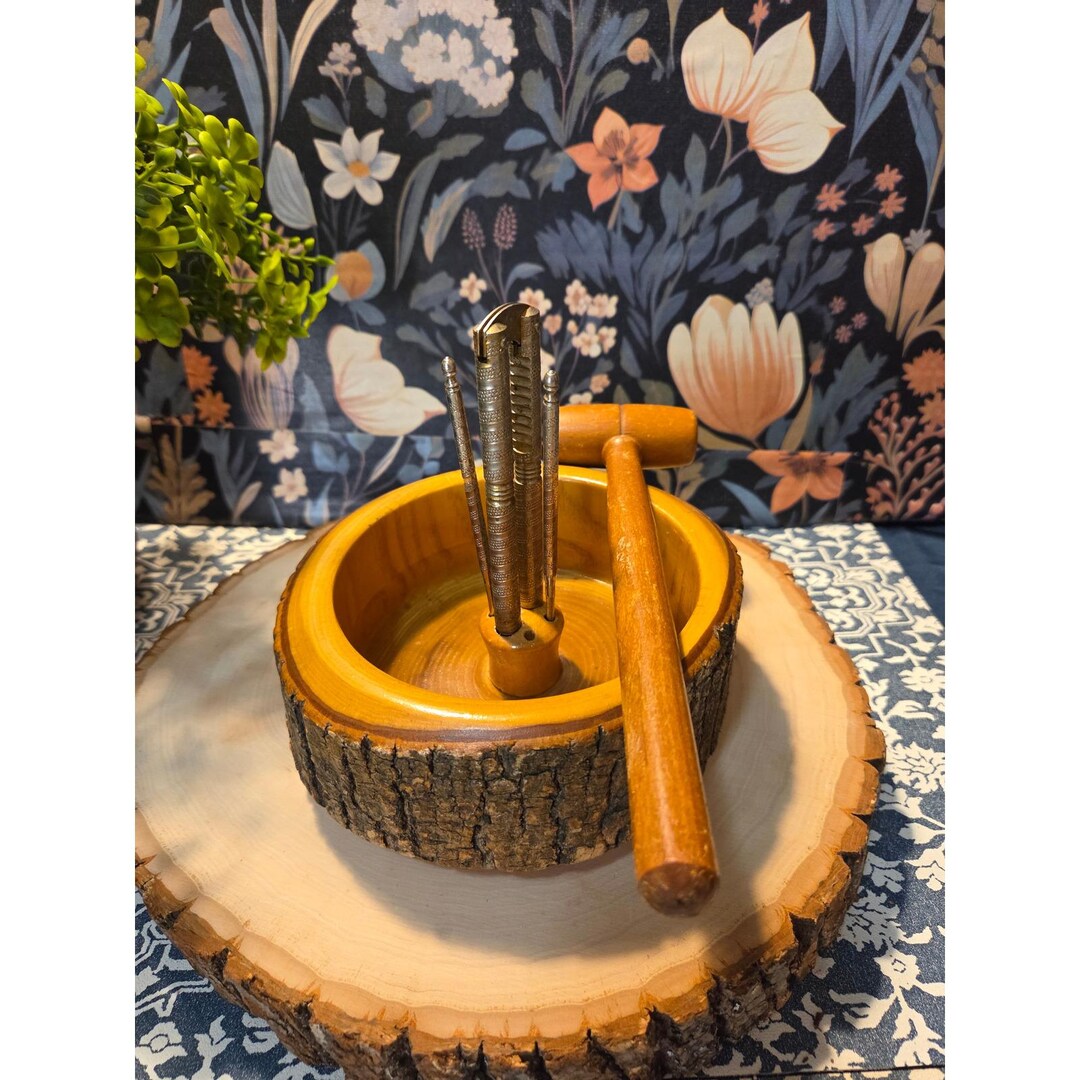 Rustic Wooden Nutcracker Bowl Set With Hammer and Picks Vintage - Etsy