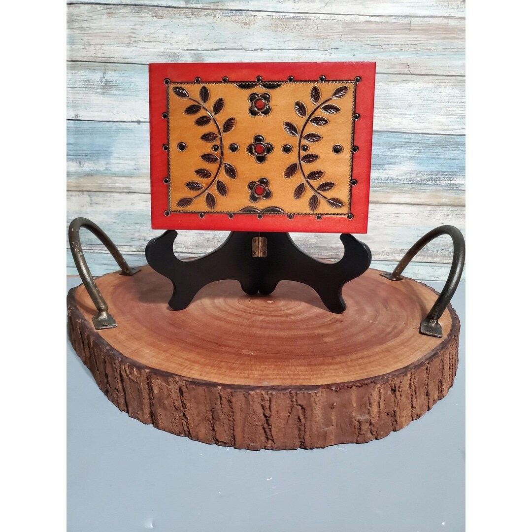 Vintage Polish Carved Wood Trinket Jewelry Box Red Floral Embossed Lid ...