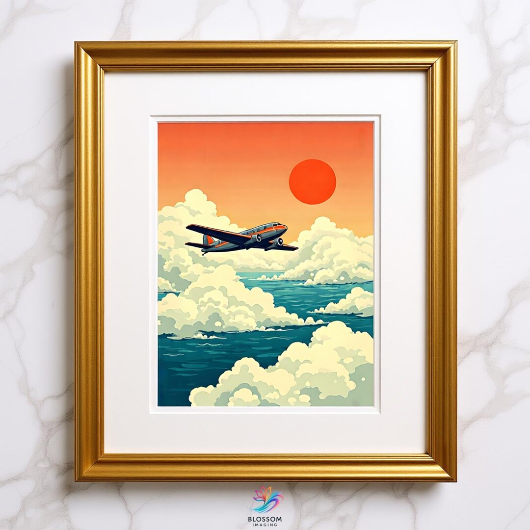 Vintage Aviation Art Print - Classic Airplane Flying Through Clouds at ...