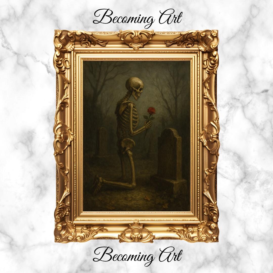 Skeleton Kneeling With Rose Art Print – Gothic Cemetery Wall Art, Dark ...