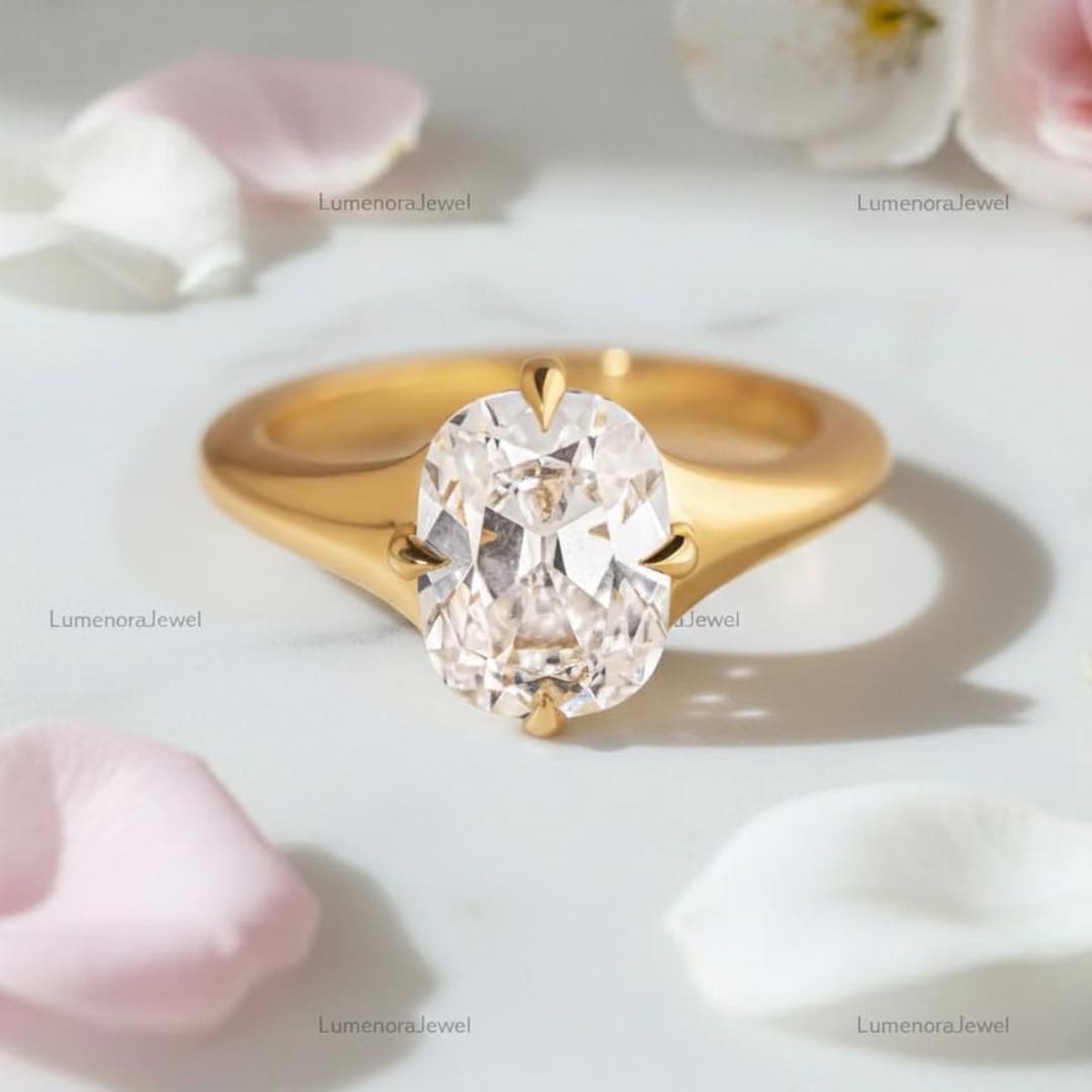 Elongated Cushion Cut Moissanite Engagement Ring, Yellow Gold Band With ...
