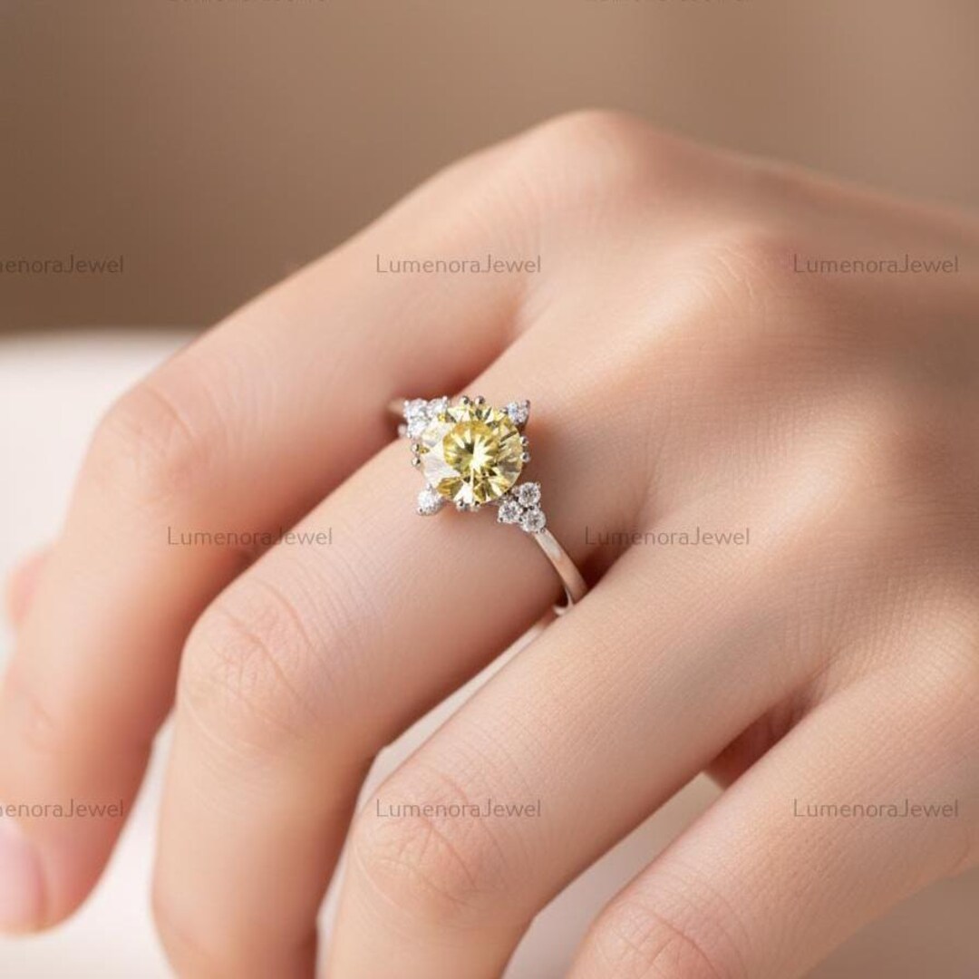 Yellow Round Stone Engagement Ring in Platinum With Floral Diamond ...