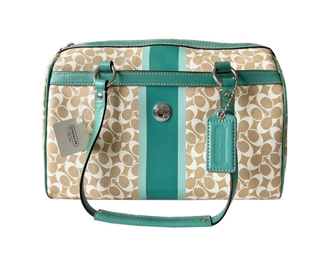 Coach Green & White Chelsea Heritage Stripe Leather Satchel Purse Bag ...