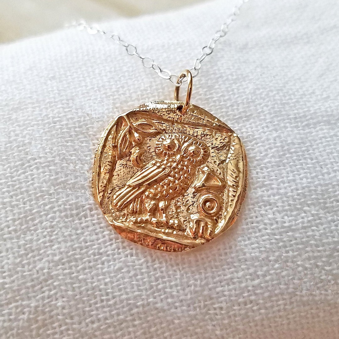 Athena Owl Necklace, Gold Owl Necklace, Athena Pendant Necklace, Coin ...