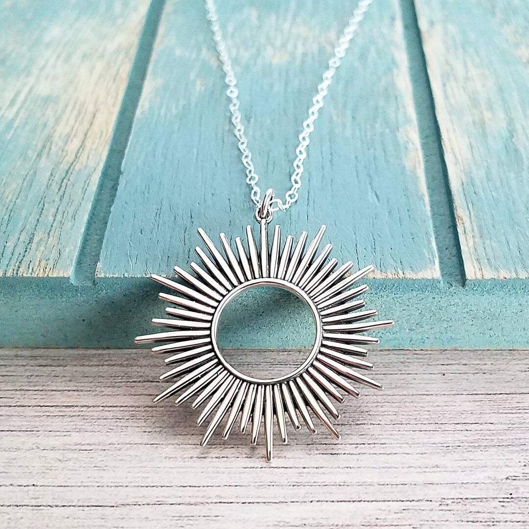 Large Sterling Silver Sun Necklace, Spikey Sun Necklace, Sunburst ...