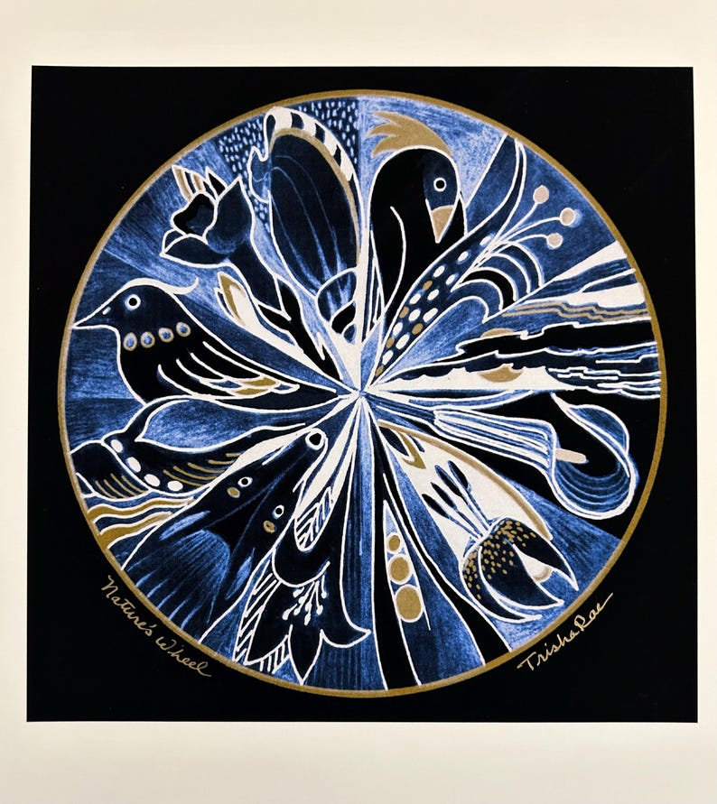 Circular Wall Art PRINT of Birds, Plants and Animals in Blue Tones With ...