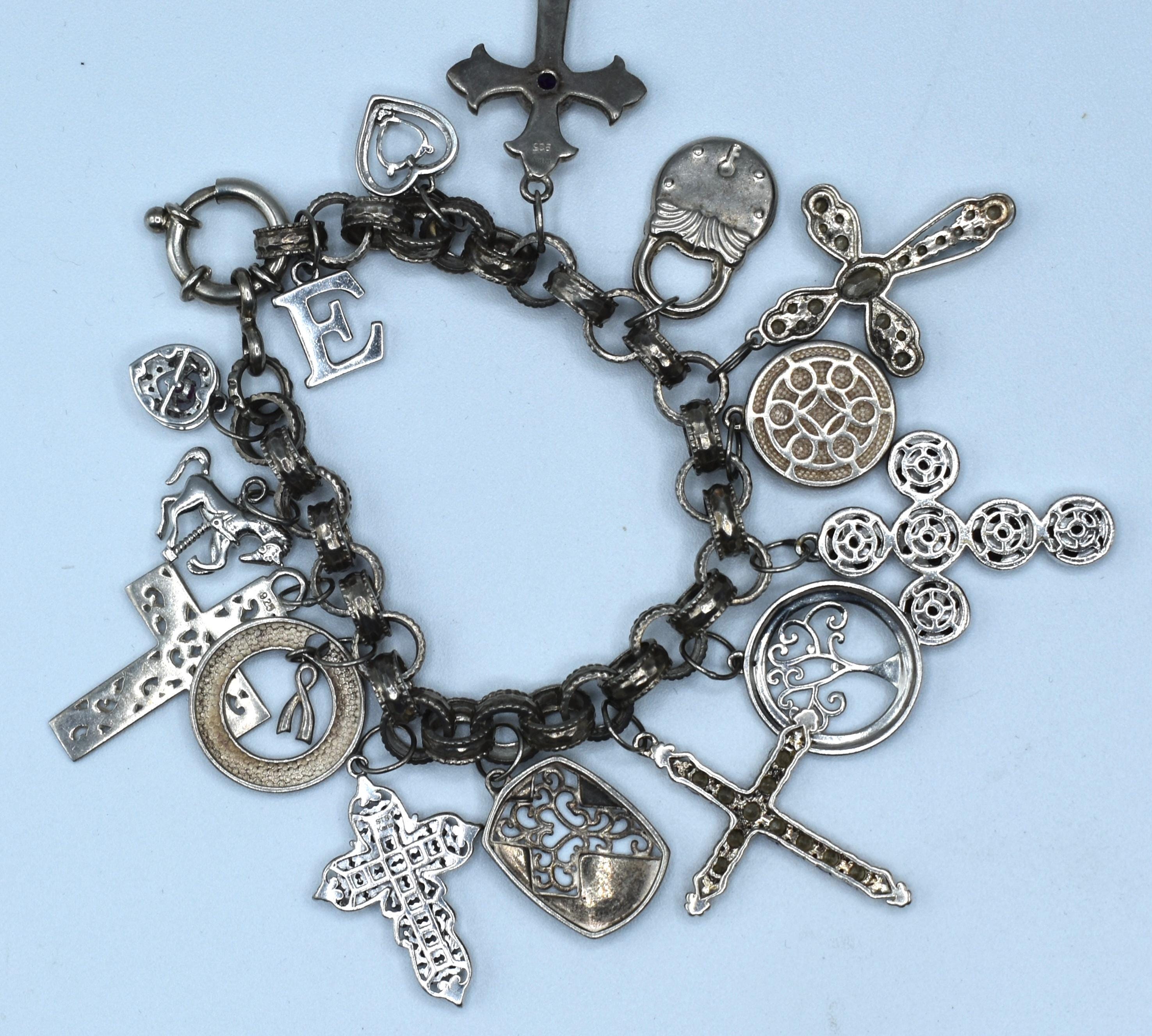 Sterling Silver Religious Charm Bracelet, Cross Charms - Etsy