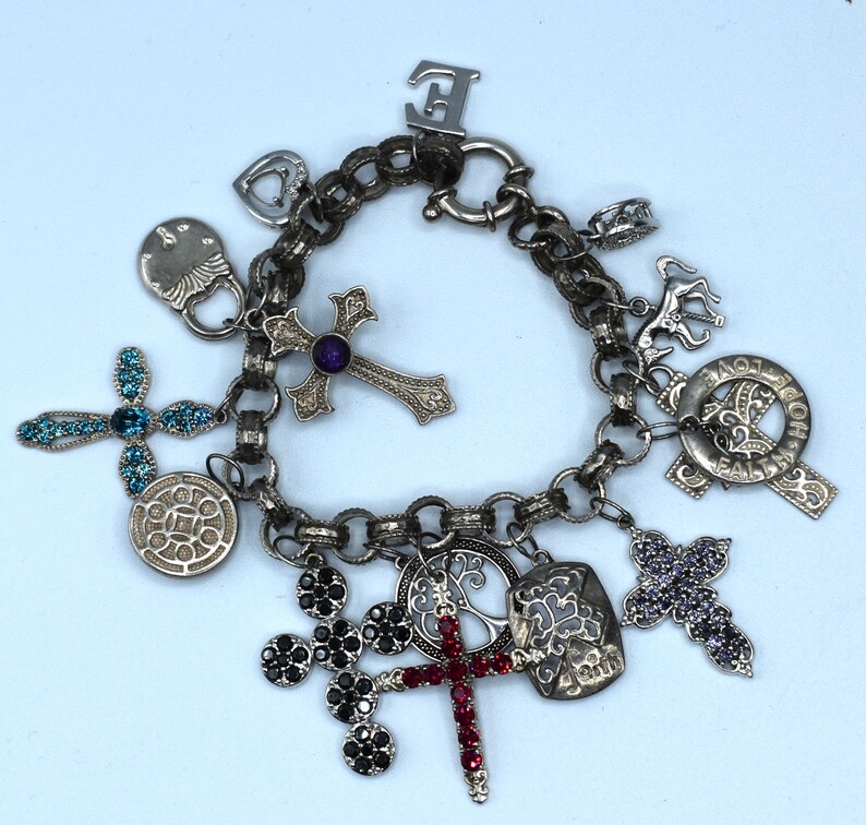 Sterling Silver Religious Charm Bracelet, Cross Charms - Etsy