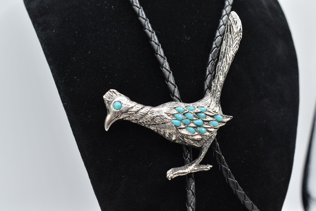 1960's Faux Turquoise Road Runner Pendant Bolo Tie, Has a Crown Marked on Back of the Roadrunner ...